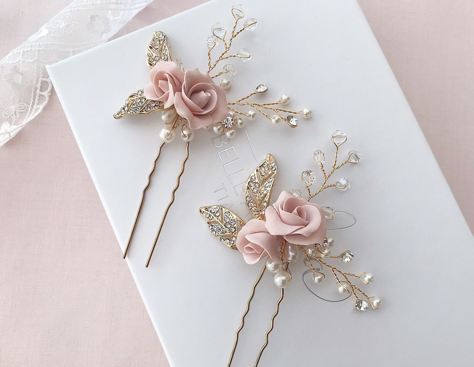 2 Blush Pink Hair Pins Rose Hair Pins Gold Bridal Pins | Etsy