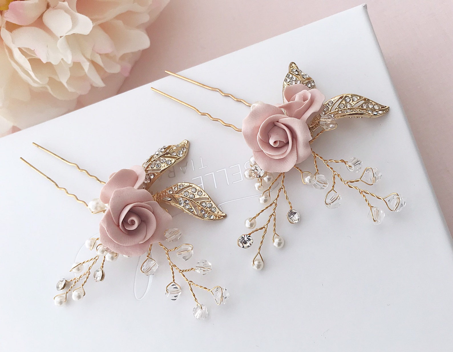 2 Blush Pink Hair Pins Rose Hair Pins Gold Bridal Pins | Etsy