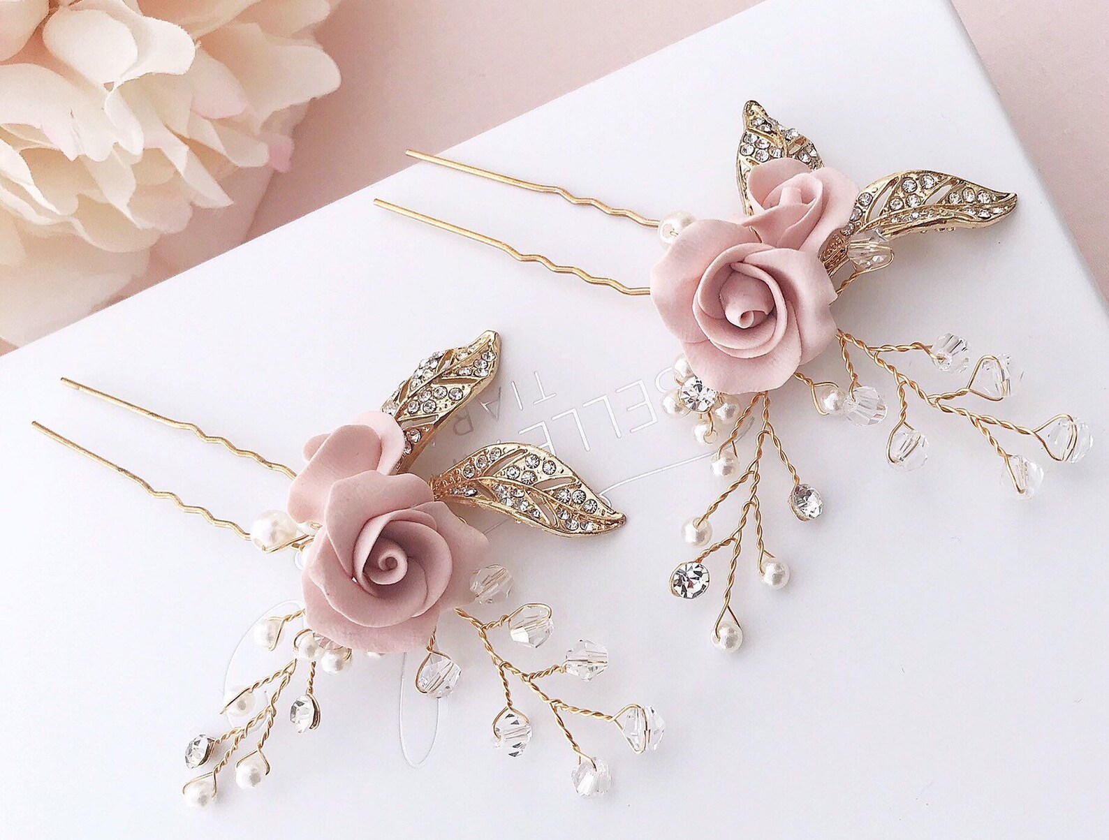 2 Blush Pink Hair Pins Rose Hair Pins Gold Bridal Pins | Etsy