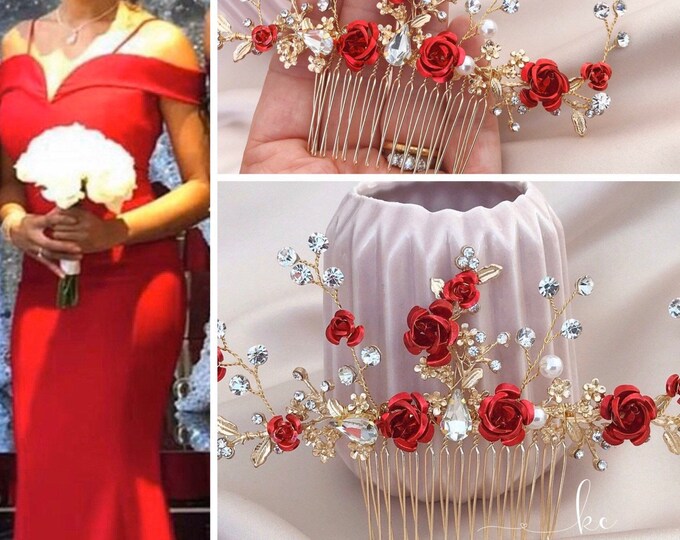 Red Rose Hair Comb Gold Decorative Hair Piece Floral Head - Etsy