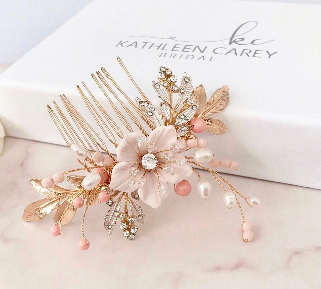 Mother of the Bride, Blush Pink Flower Hair Comb in a Gold Finish, Also ...