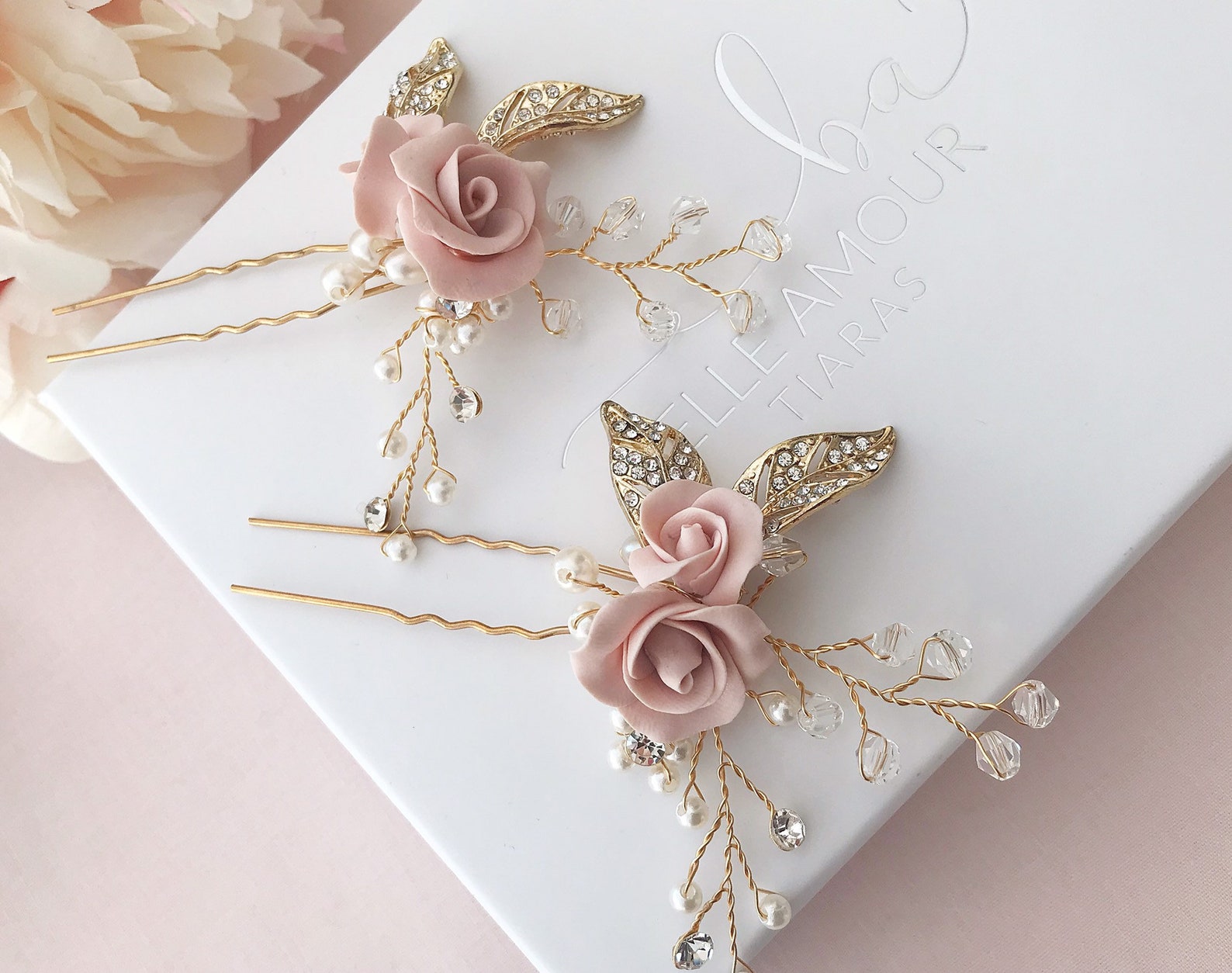 2 Blush Pink Hair Pins Rose Hair Pins Gold Bridal Pins | Etsy