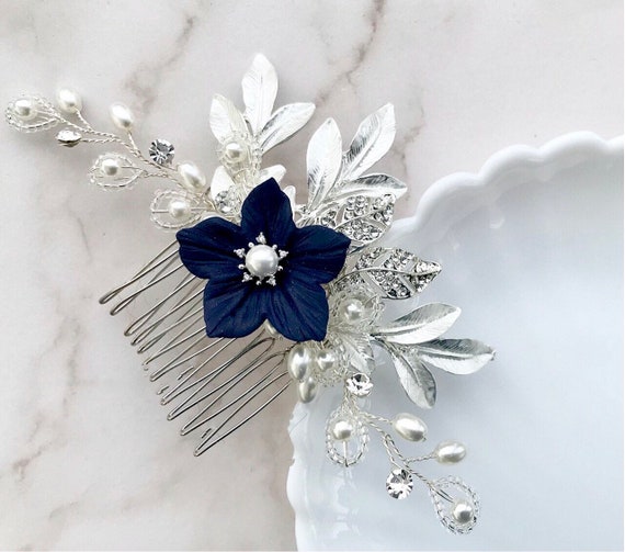 Bridal hair piece Navy blue flower hair comb Hair comb silver Wedding hair comb Something blue Wedding hair piece Leaf hair comb