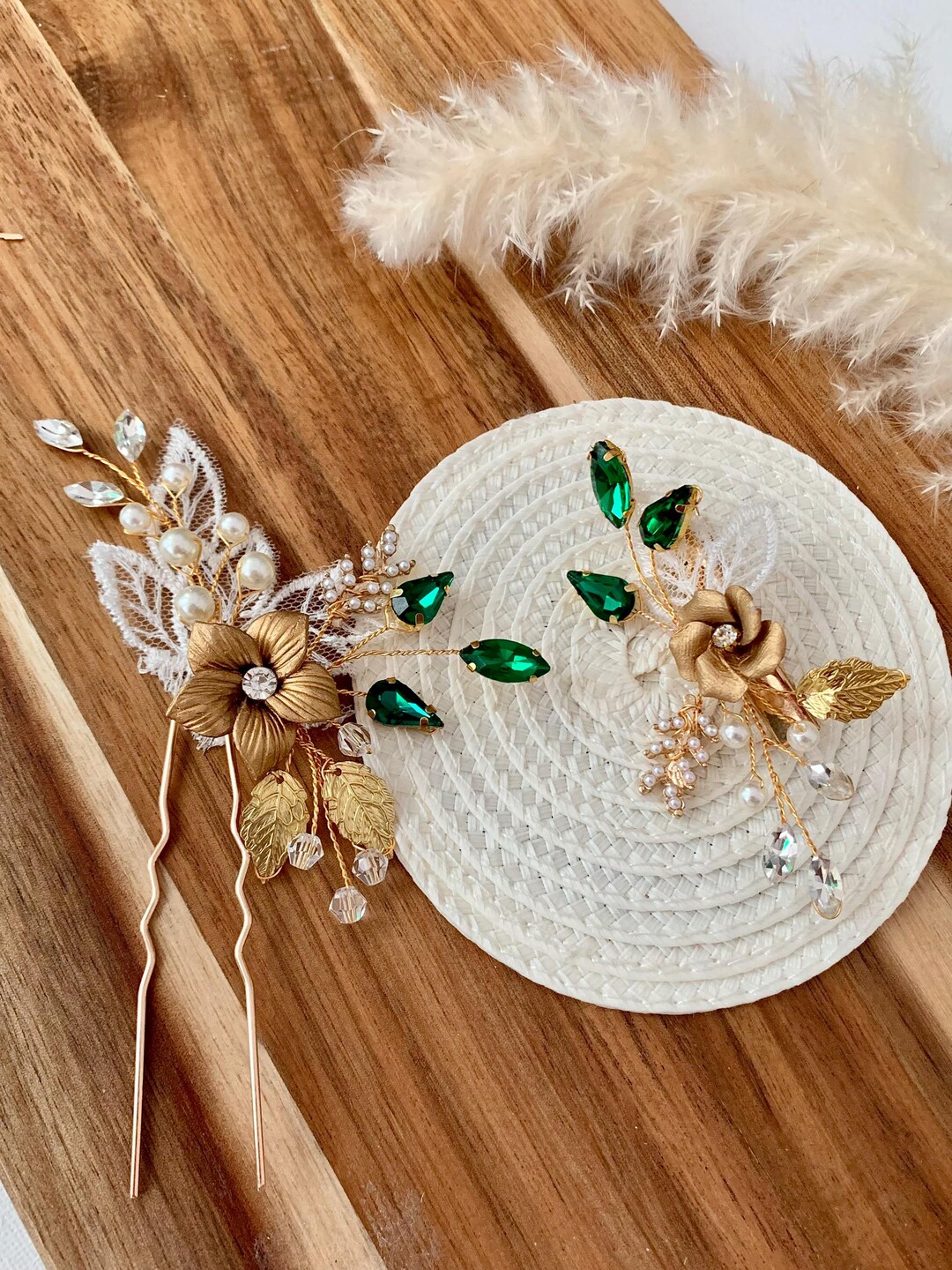 Bridal Hair Pin, Emerald Green and Gold Flower Wedding Hair Accessories ...