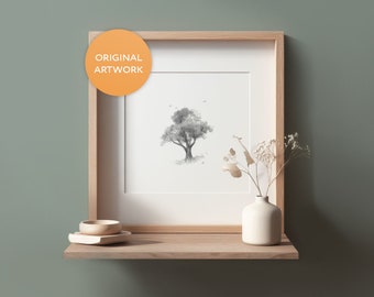 Mini Oak Tree Graphite Drawing, 8x8 Original Pencil Mounted Artwork ...