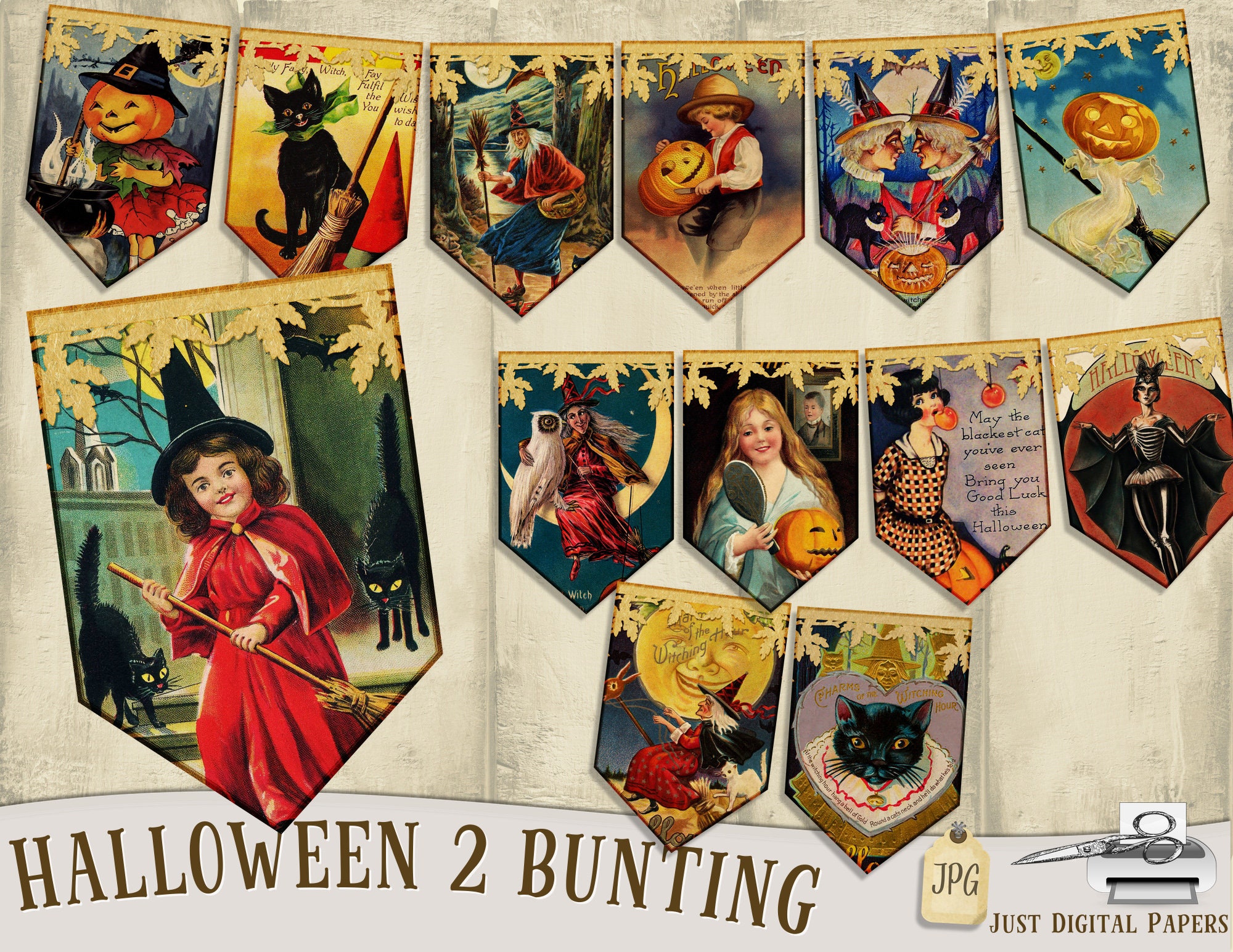Halloween Printable Bunting, Halloween Bunting, Vintage Bunting, Retro ...