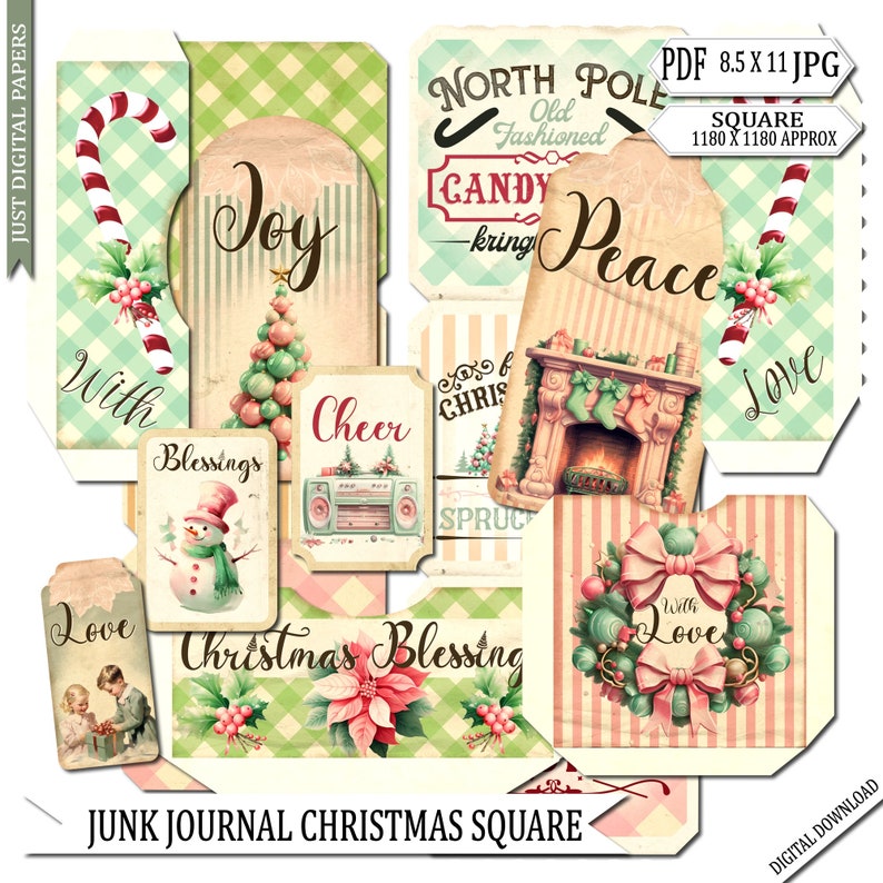 Retro Christmas, Square Folder, Printable, Christmas Card, Cut Out ...