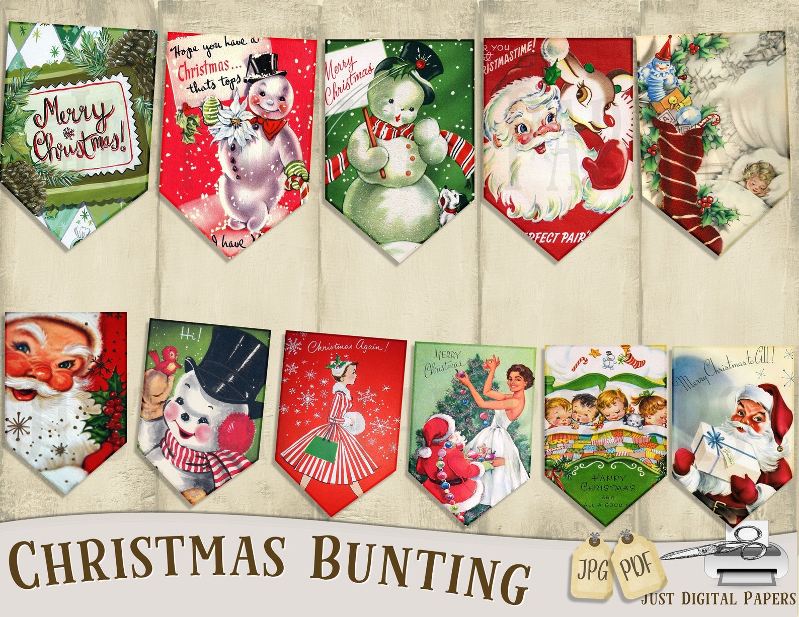 Christmas Bunting Christmas Printable Bunting Vintage - Etsy