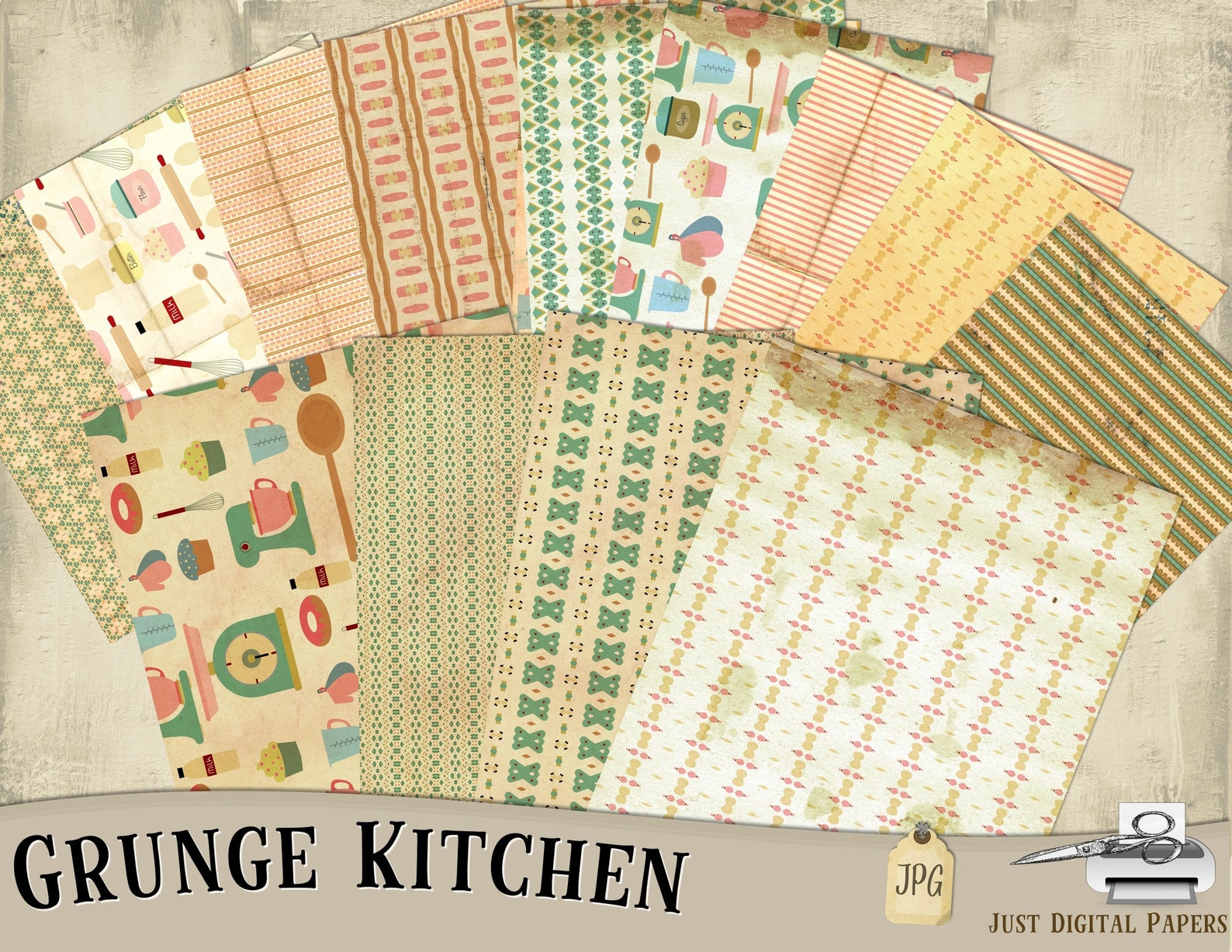 Kitchen Papers Grunge Journal Kitchen Scrapbook Papers | Etsy