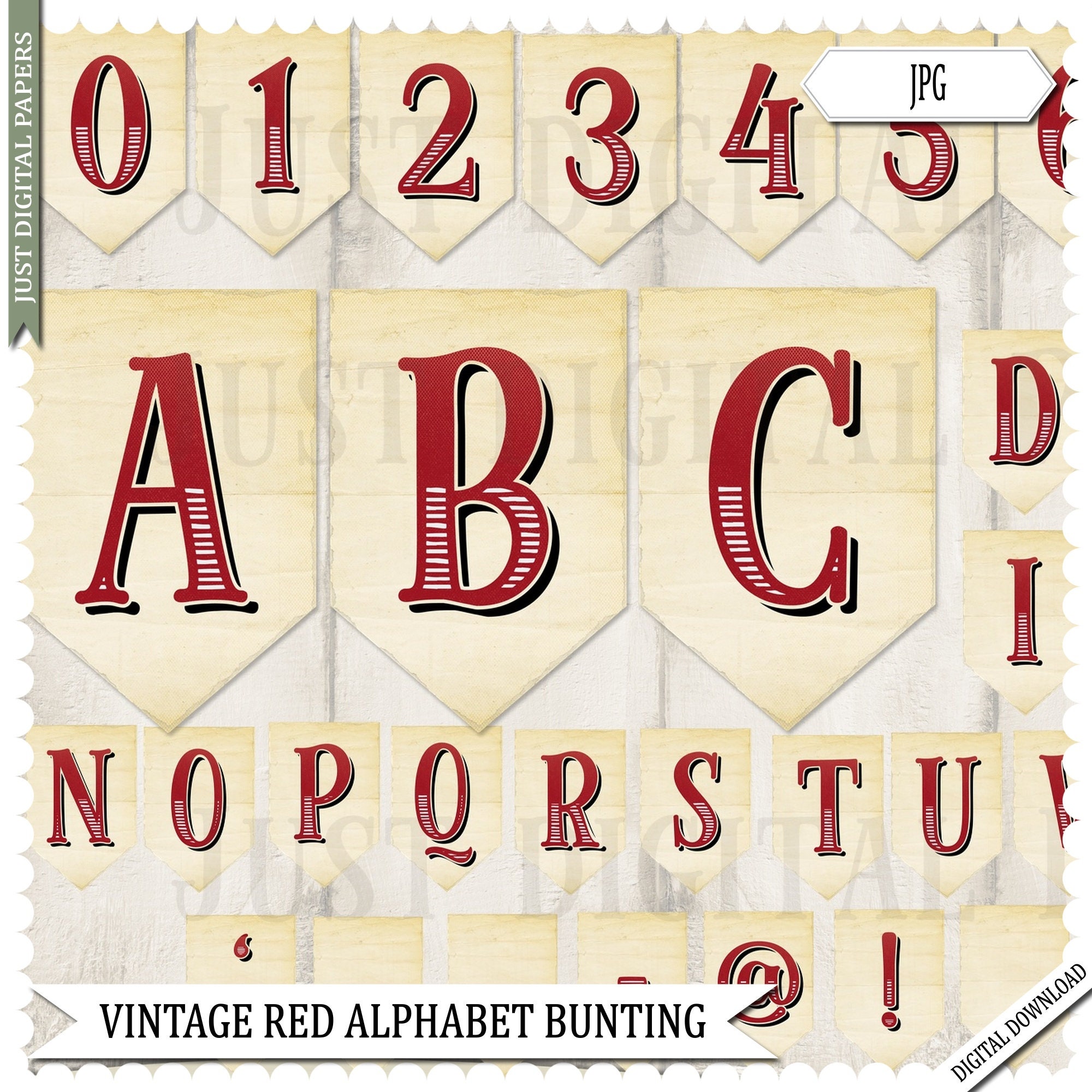 Alphabet Bunting, Vintage Red, Banner Printable, Printable Bunting ...