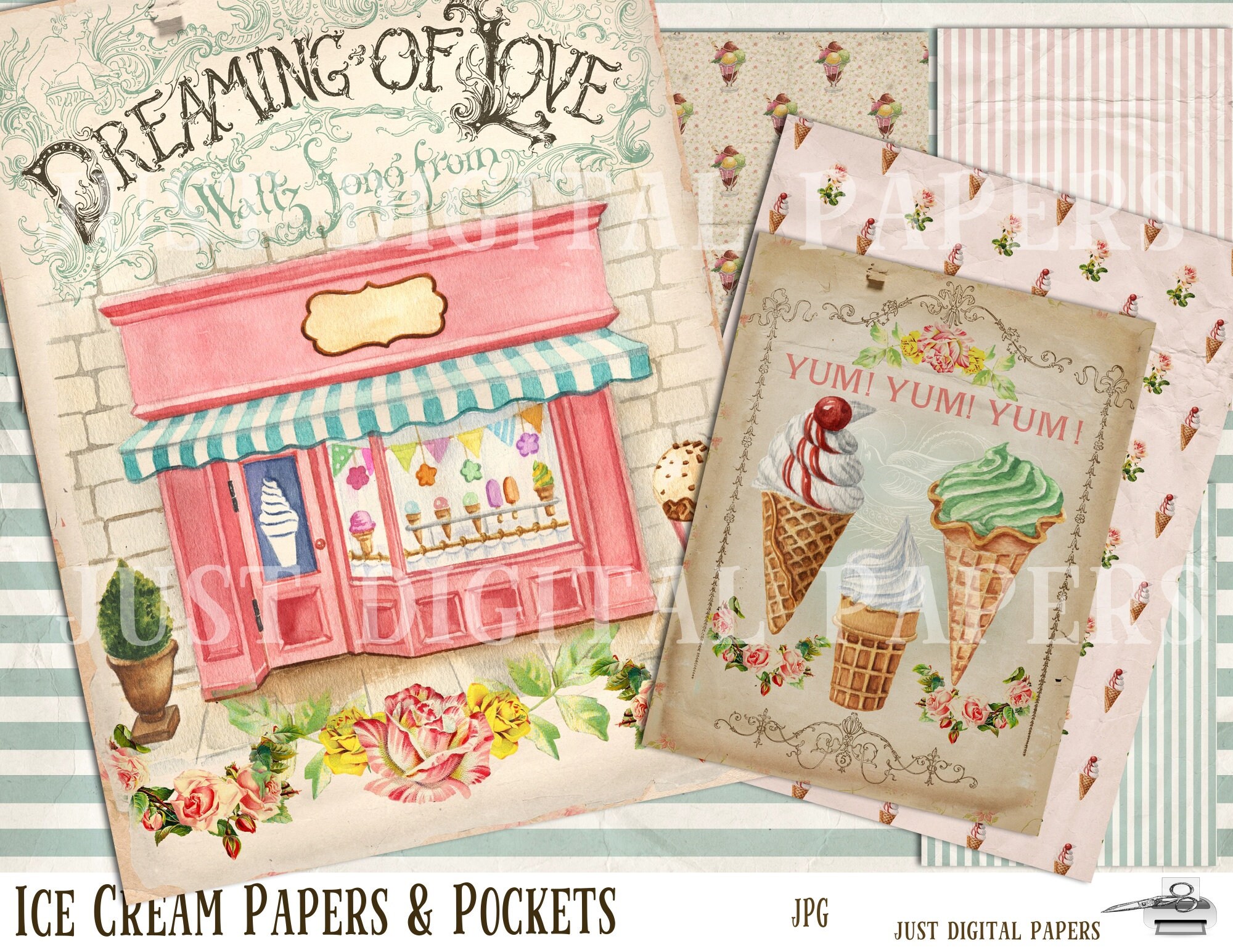 Ice Cream Journal Paper: Printable Scrapbook Collage (digital Download ...