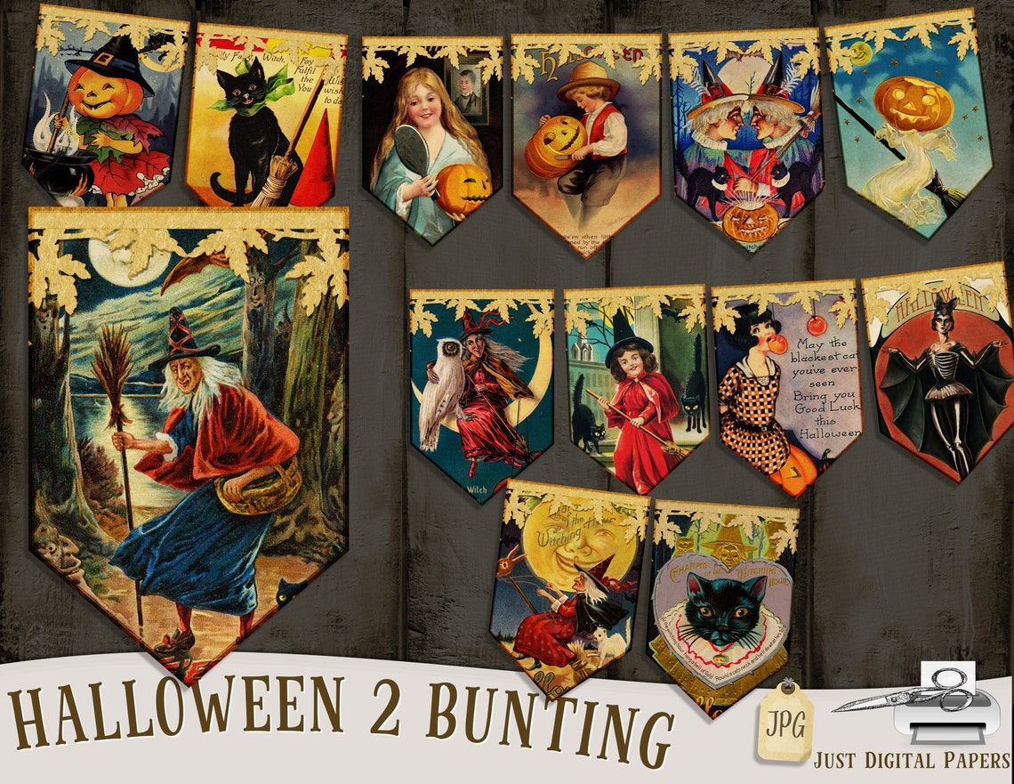 Halloween Printable Bunting, Halloween Bunting, Vintage Bunting, Retro ...