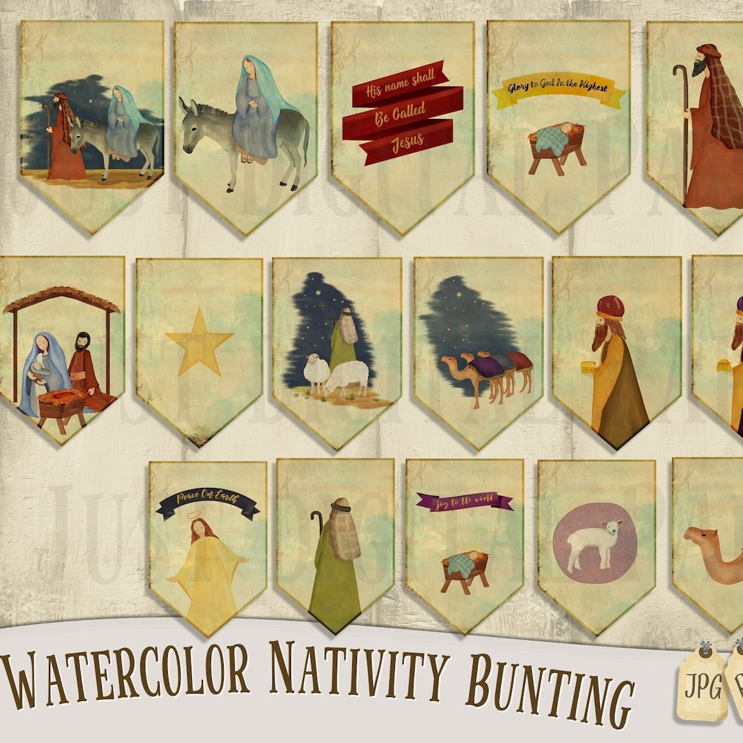 Watercolor Nativity Bunting, Printable Bunting, Christmas Bunting ...