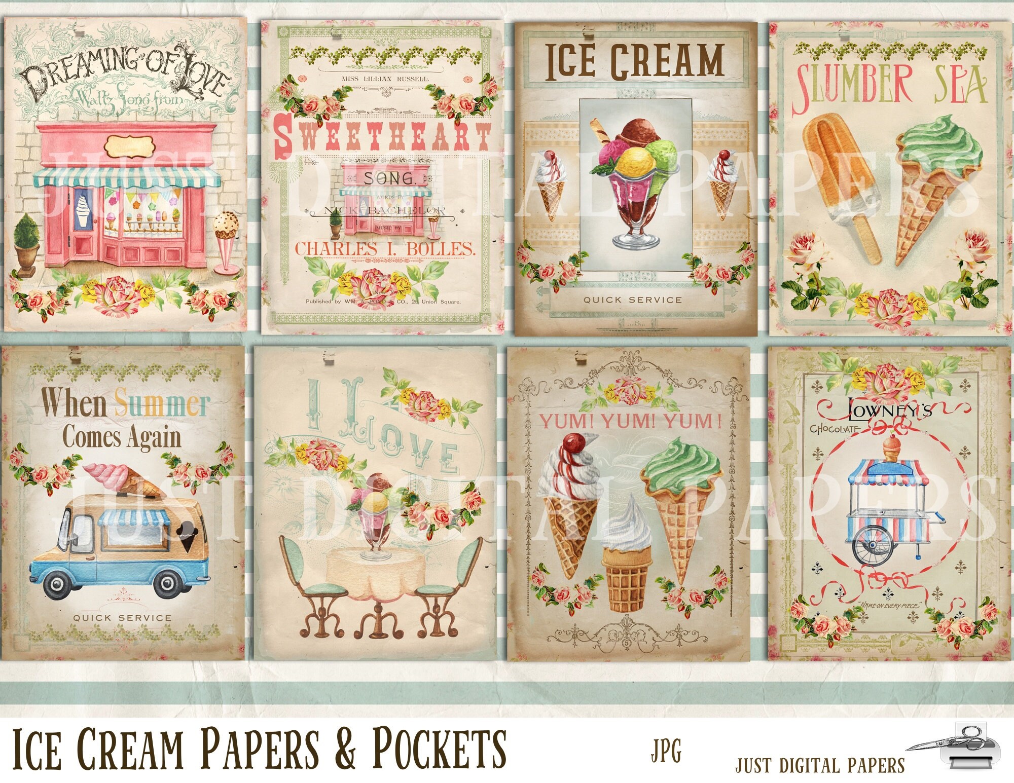 Ice Cream Journal Paper: Printable Scrapbook Collage (digital Download ...