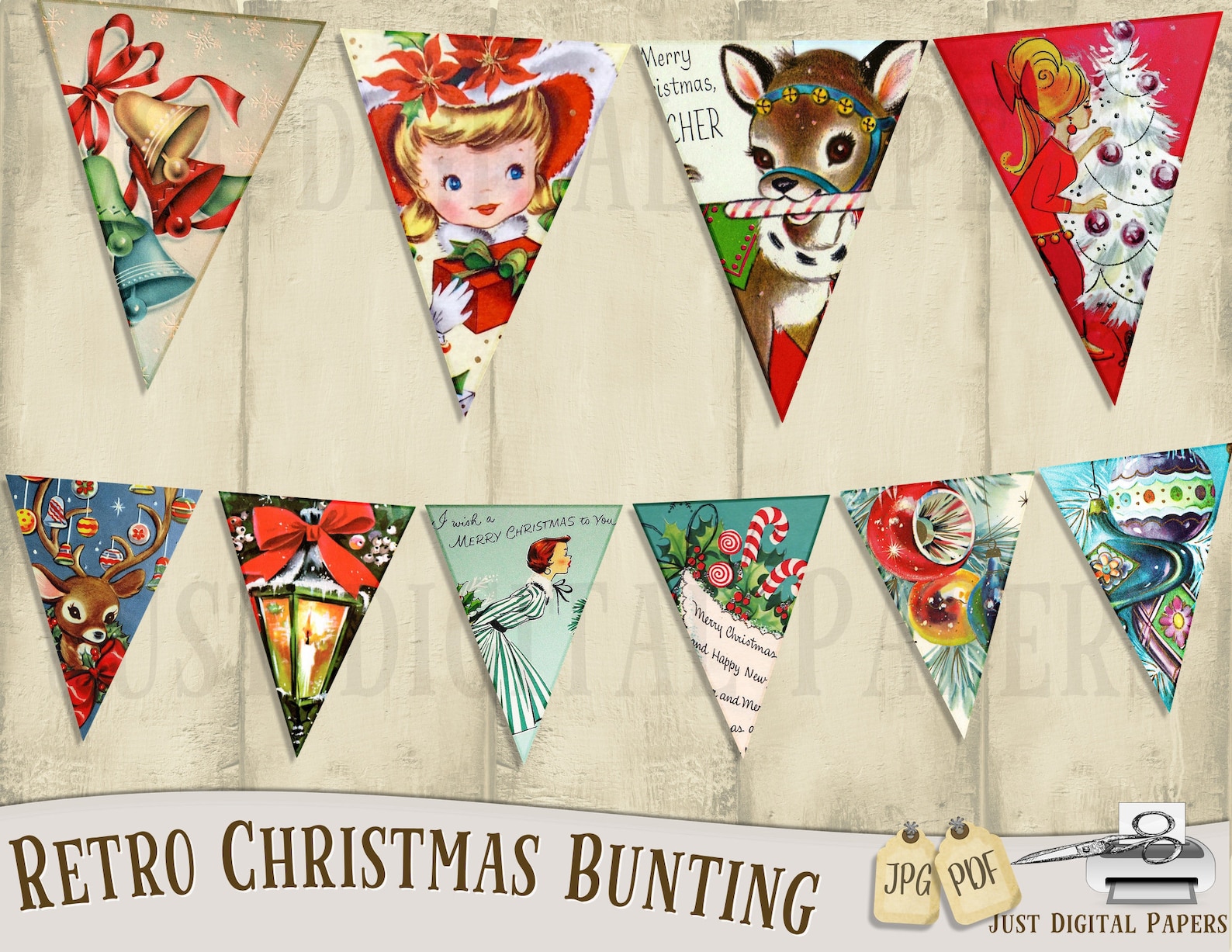Retro Christmas Bunting: Printable Holiday Party Decor (JPG, PDF ...