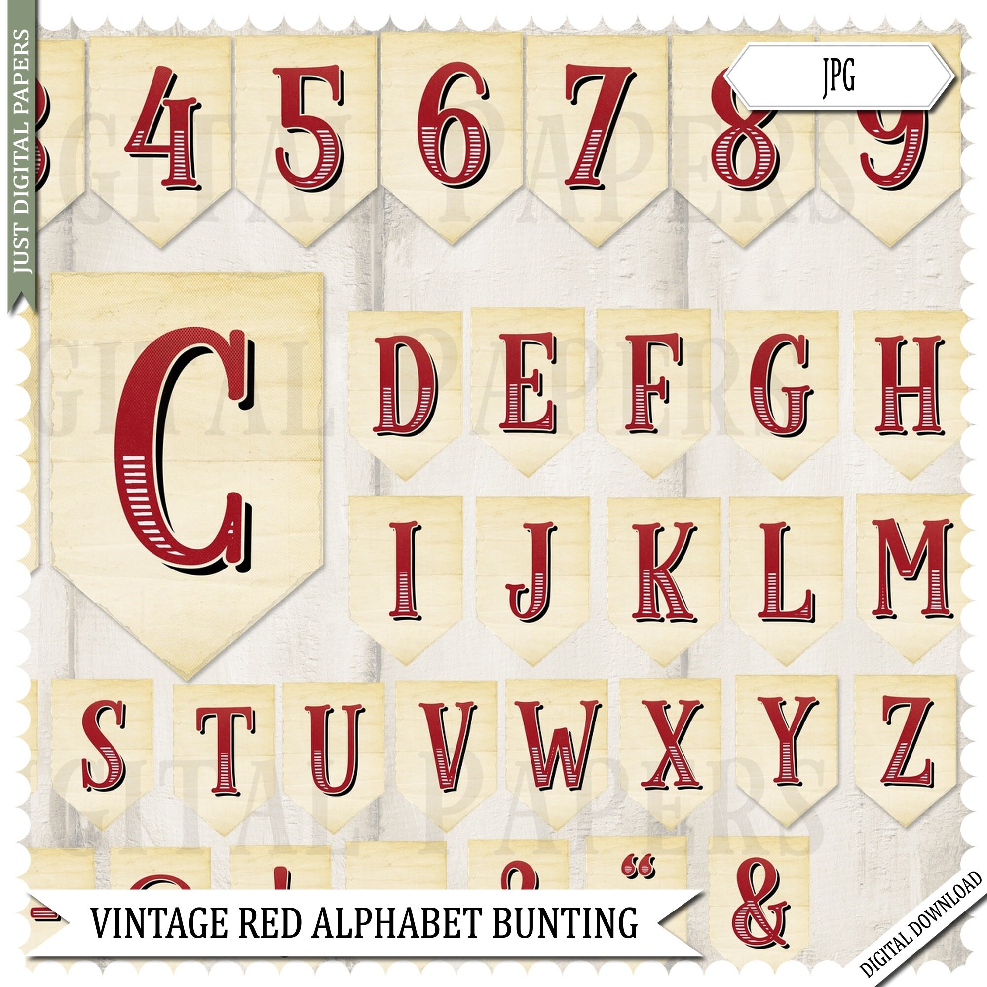 Alphabet Bunting, Vintage Red, Banner Printable, Printable Bunting ...