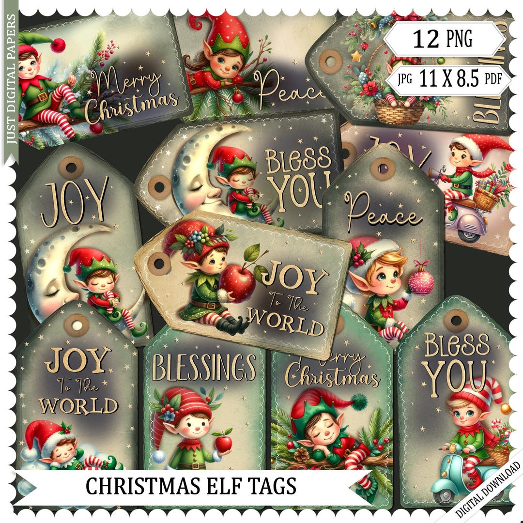 Christmas Elf Tags, Tags for Journal, Elf Scrapbook, , Tags, Printable ...