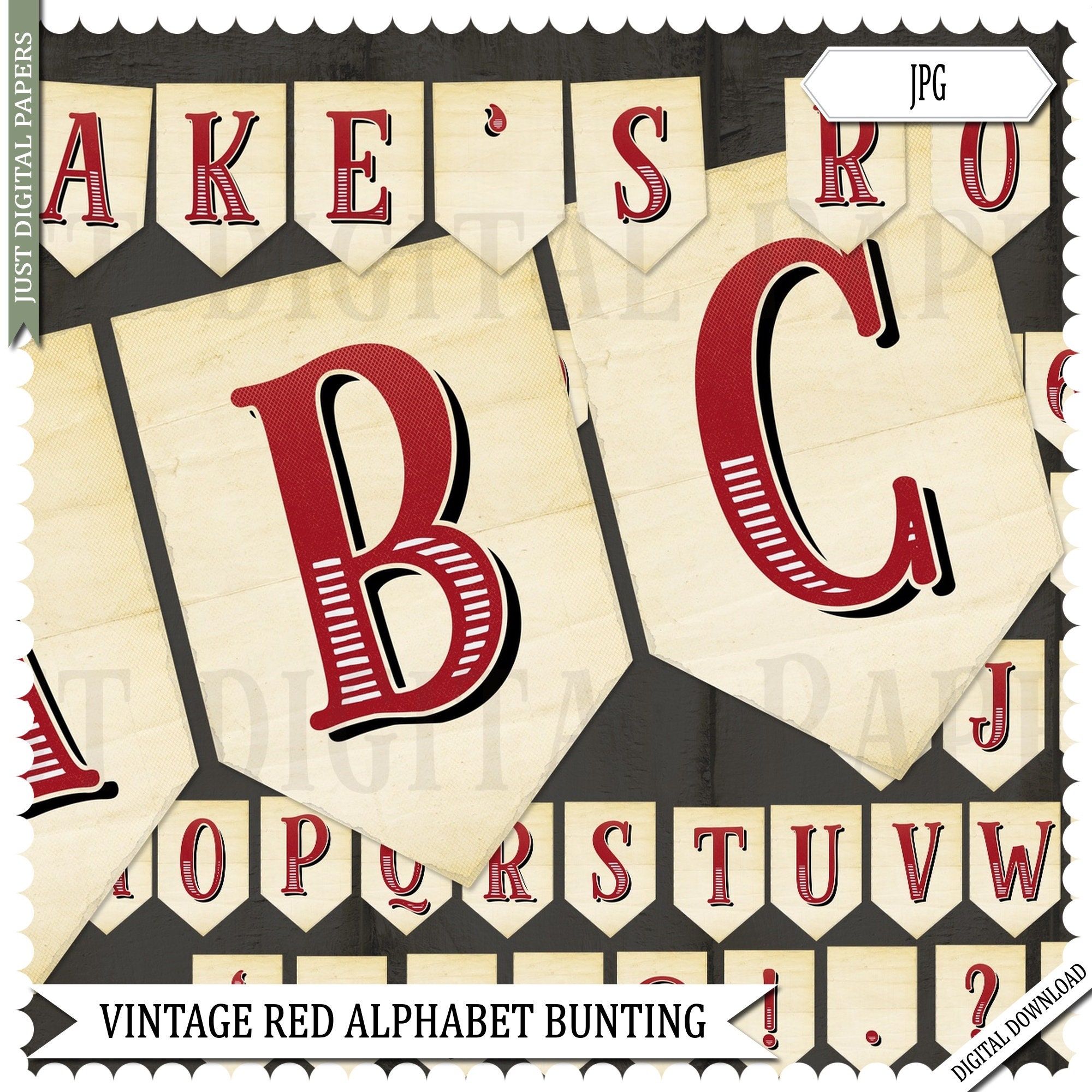 Alphabet Bunting, Vintage Red, Banner Printable, Printable Bunting ...