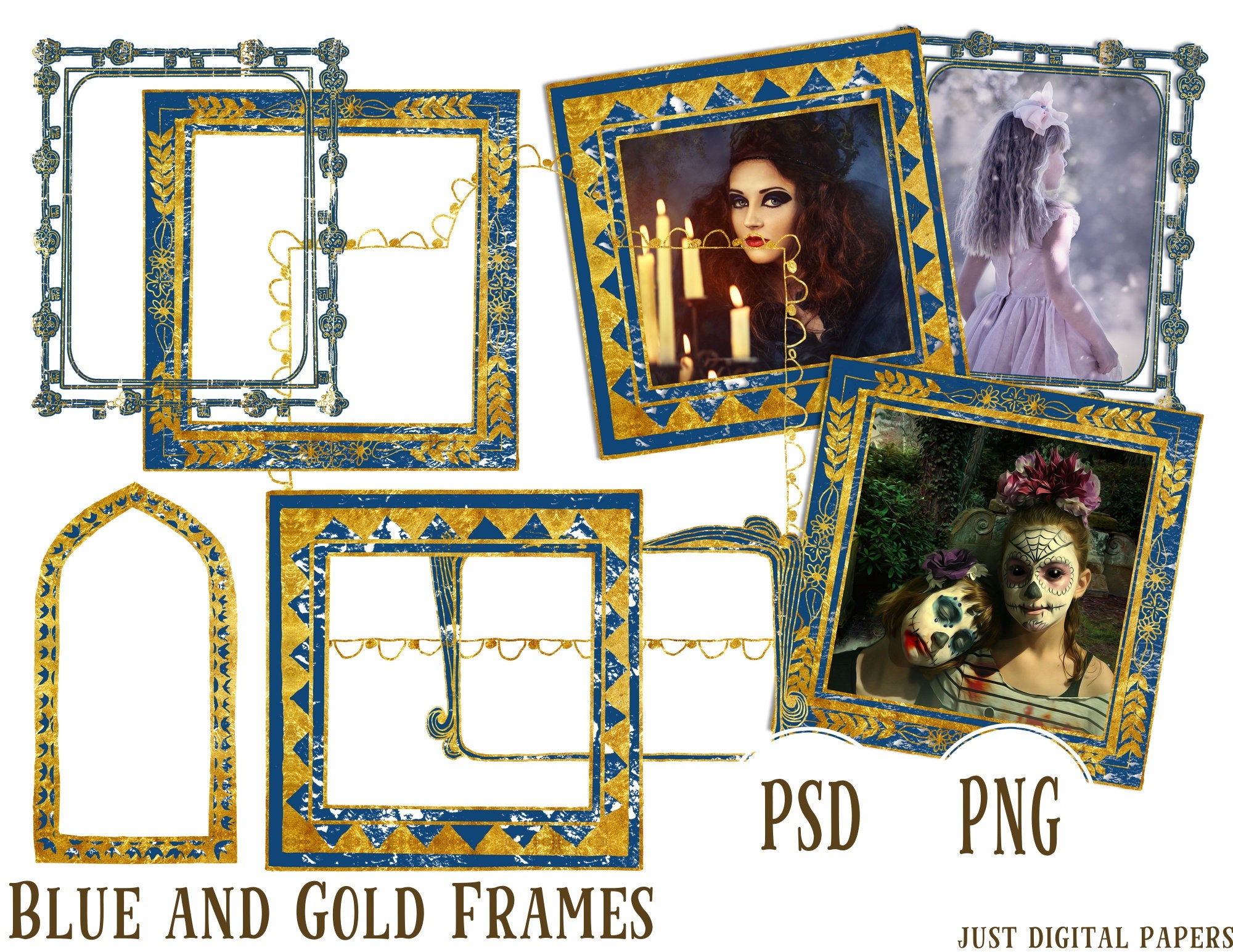 Gold and Blue Frames, Digital Frames, Gold Foil Frames, Scrapbook ...