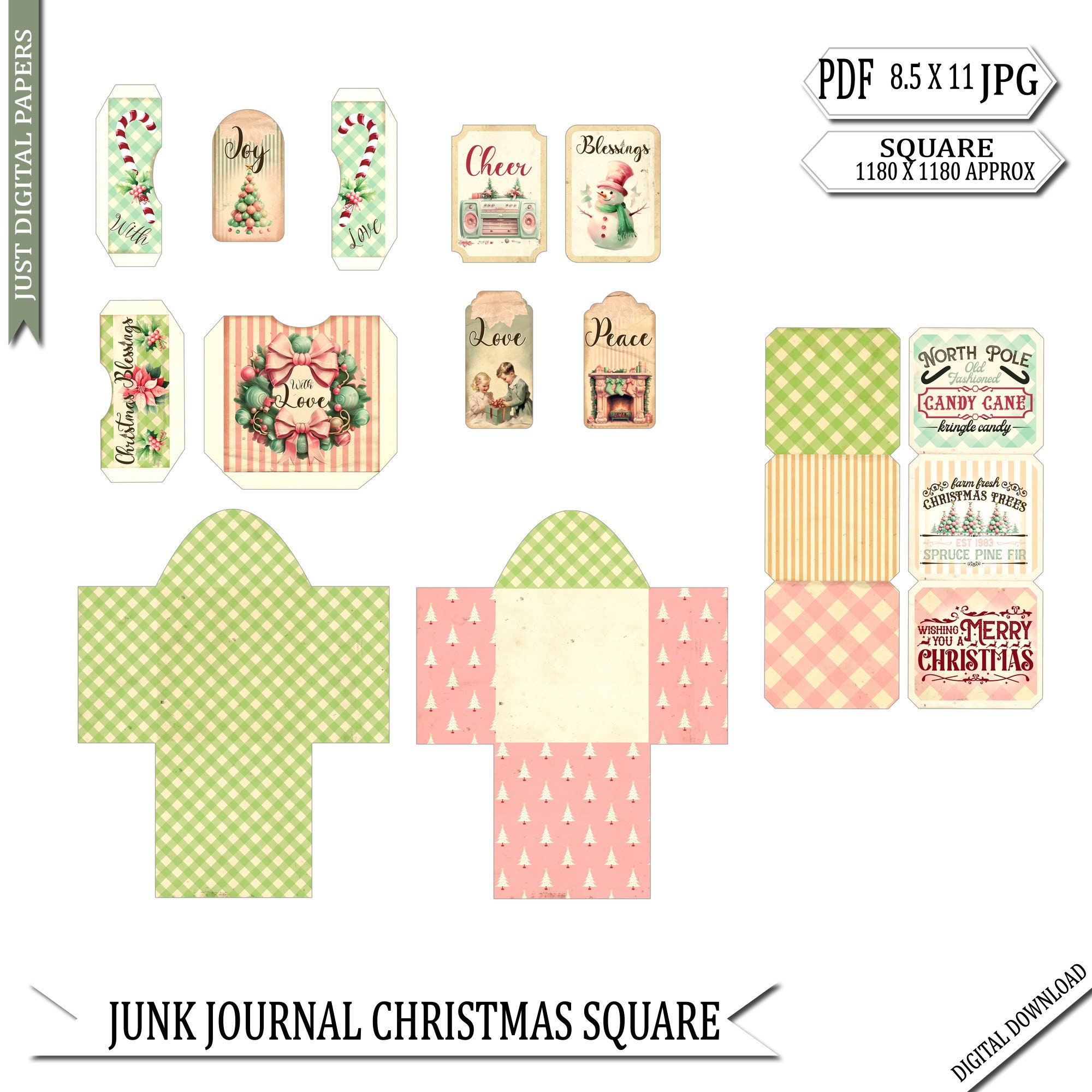 Retro Christmas, Square Folder, Printable, Christmas Card, Cut Out ...