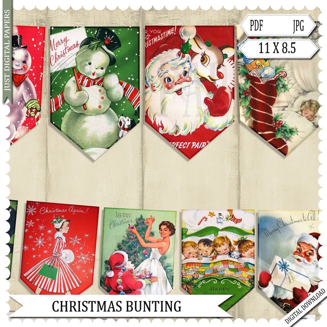 Christmas Bunting, Christmas Printable Bunting, Vintage Bunting, Retro ...