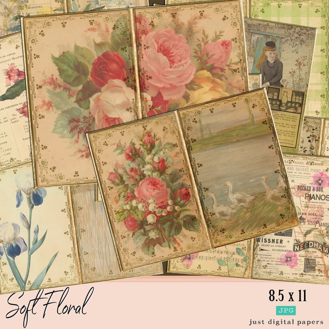Soft Floral Papers Journal Papers Bird Papers Ephemera | Etsy Australia