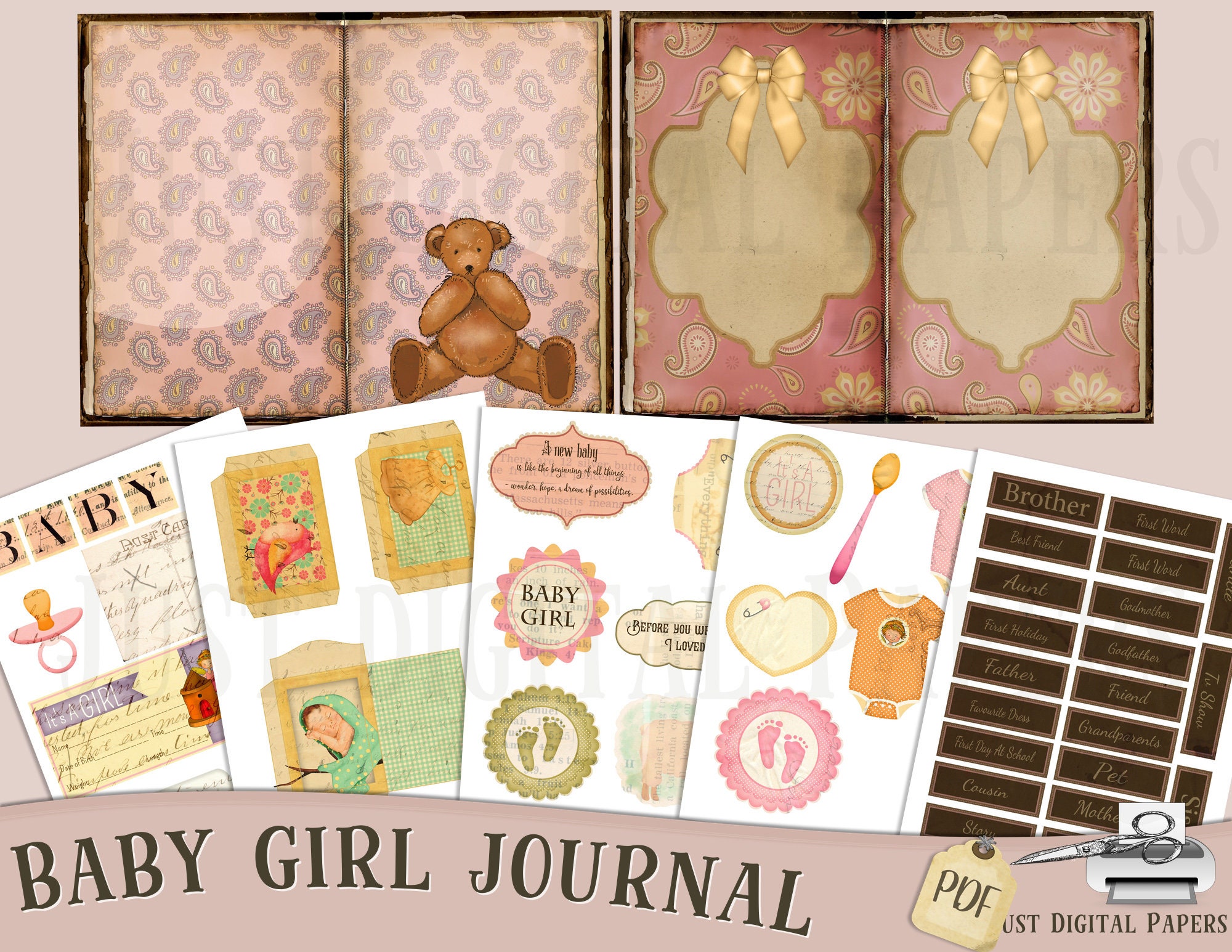 Baby Girl Journal Baby Kit Printable Scrapbookephemera - Etsy