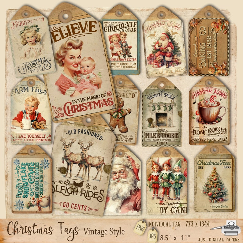 Vintage Christmas Tags: Printable Ephemera, Junk Journal (digital ...