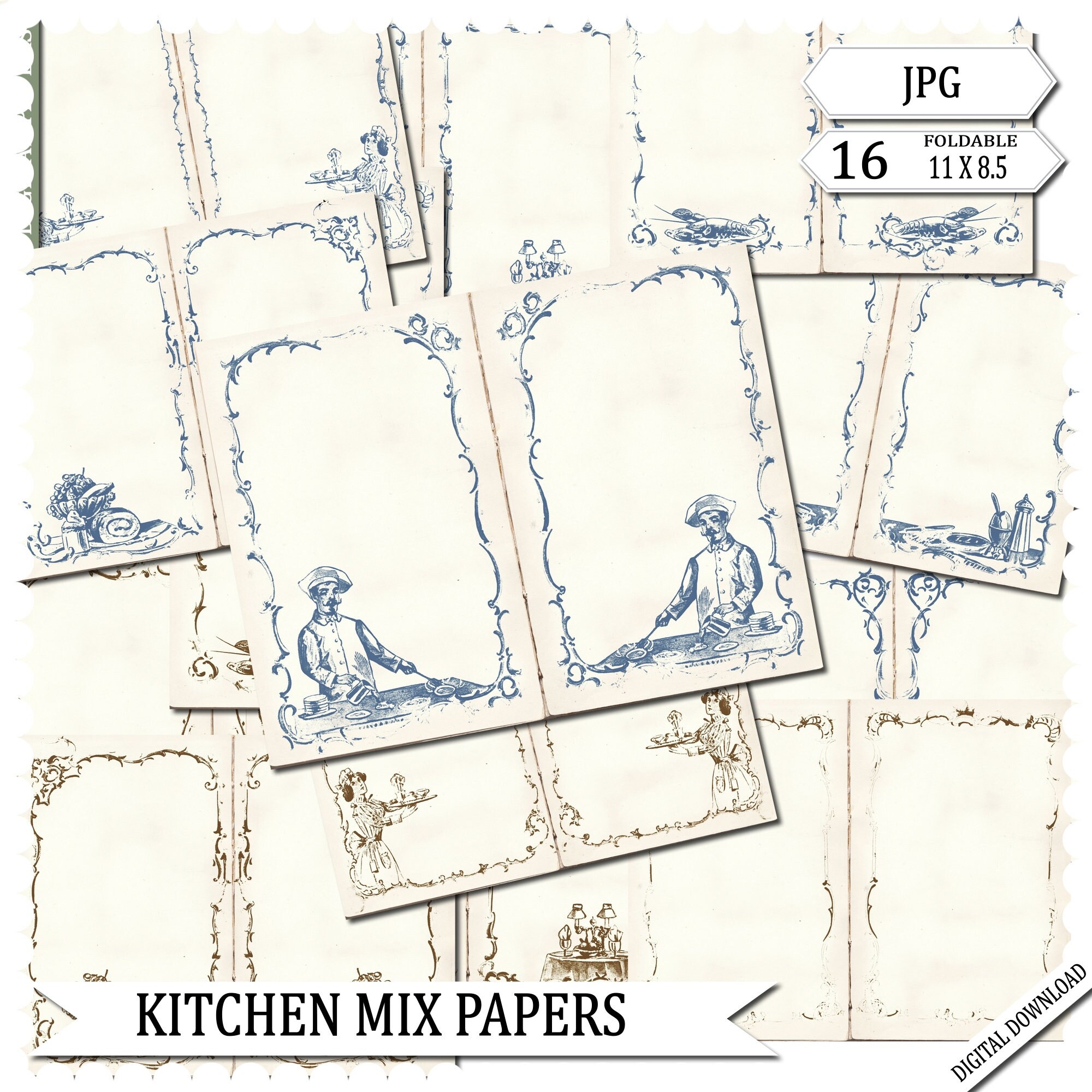 Kitchen Mix, Recipe Papers, Blue, Brown, Foldable, Printable Papers ...