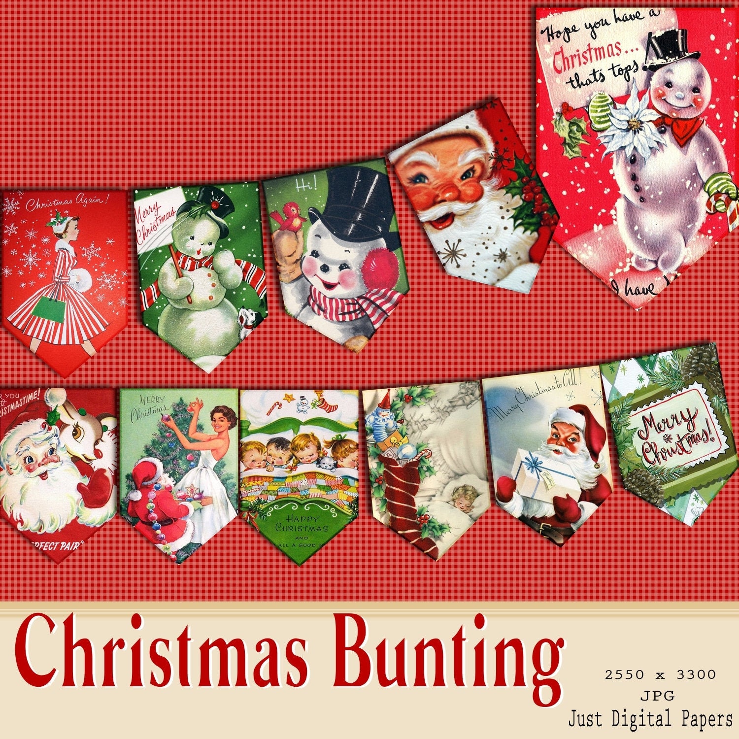 Christmas Bunting, Christmas Printable Bunting, Vintage Bunting, Retro ...