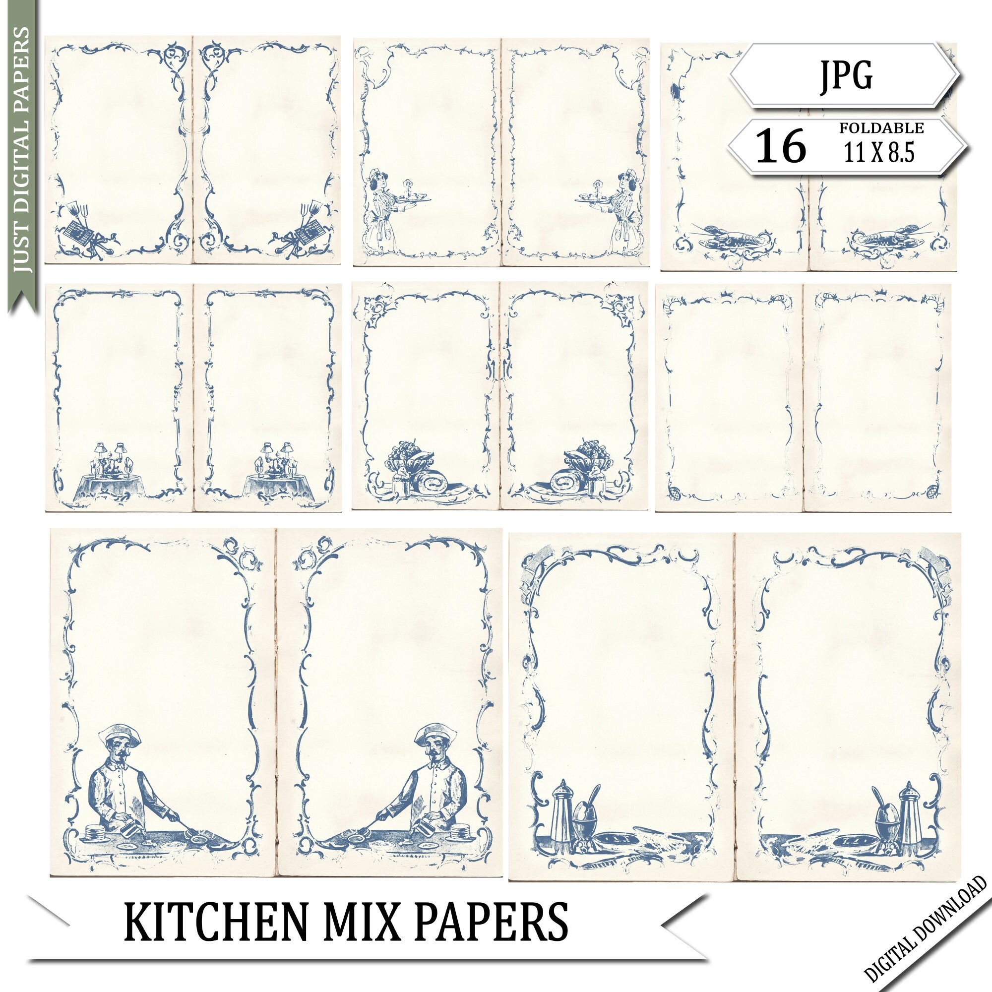 Kitchen Mix, Recipe Papers, Blue, Brown, Foldable, Printable Papers ...