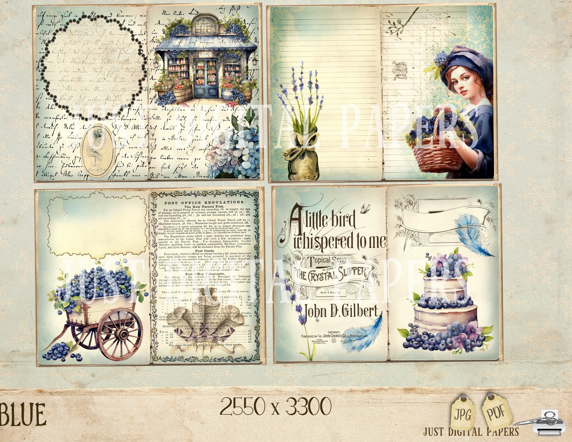 Blue Journal, Printable, Instant Download, Lady Journal, Vintage ...