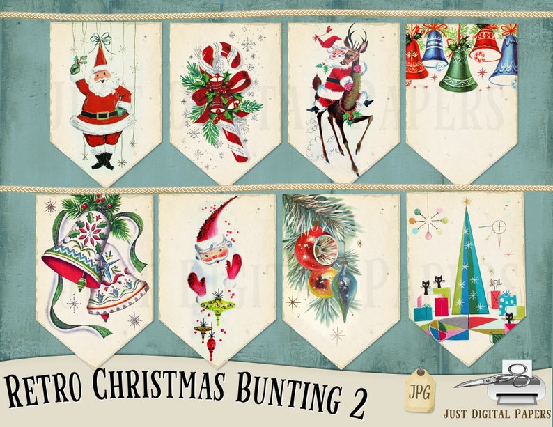 Christmas Bunting 2, Retro Christmas Printable Bunting, Vintage Bunting ...