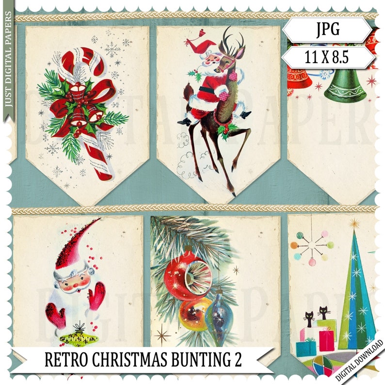 Christmas Bunting 2, Retro Christmas Printable Bunting, Vintage Bunting ...