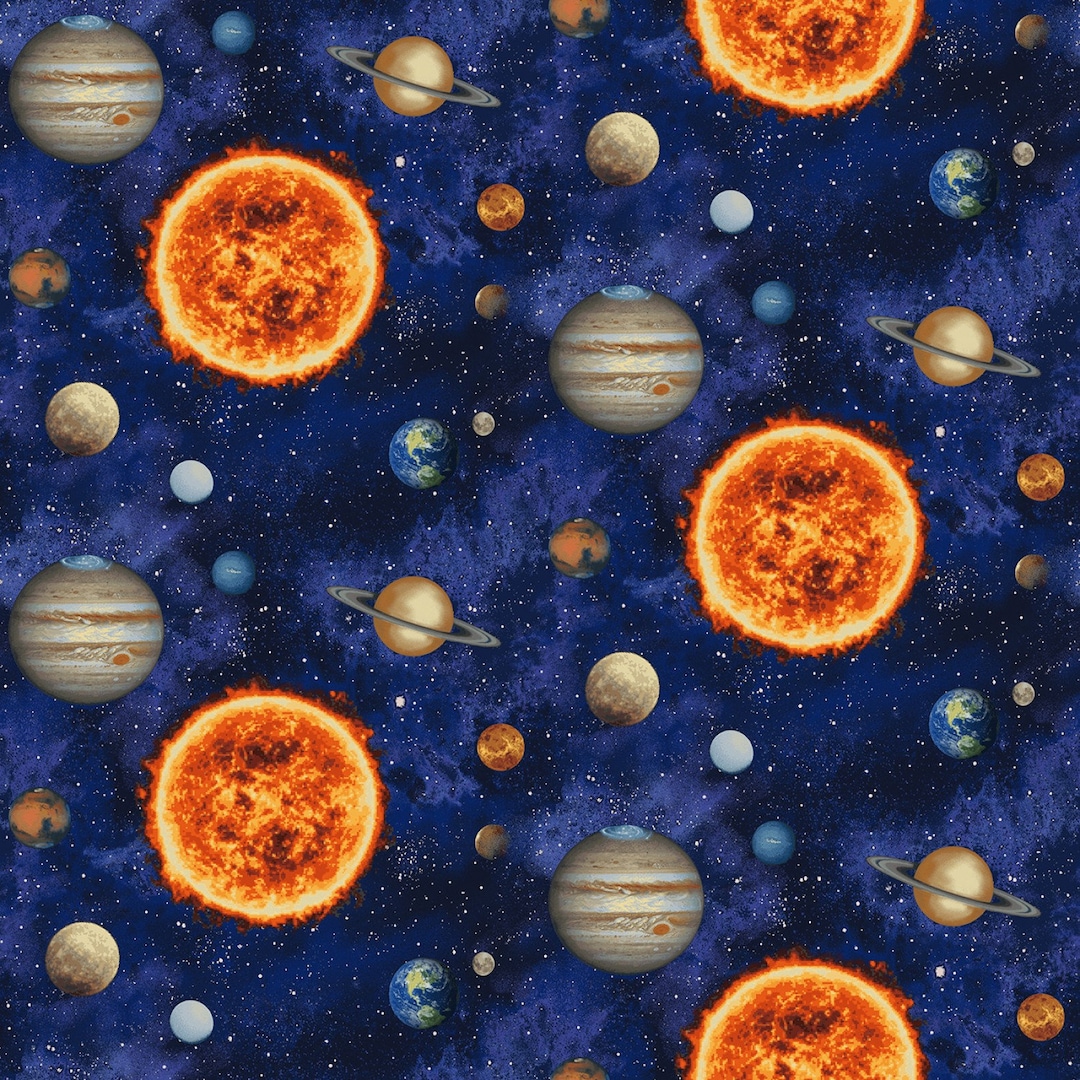 Outer Space Sun Solar System Planets on Cotton Fabric, From Studio E ...