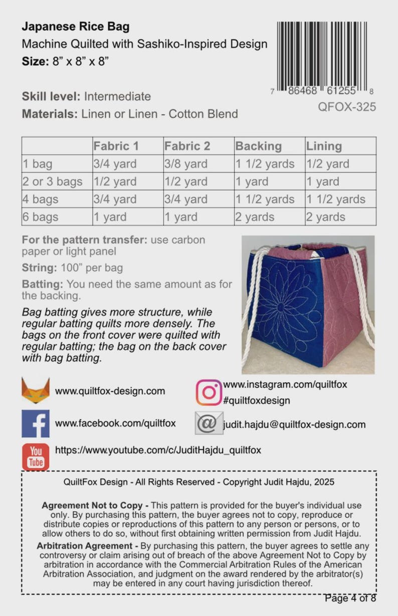 Japanese Rice Bag Sewing Pattern, From Quiltfox Designs BRAND NEW ...