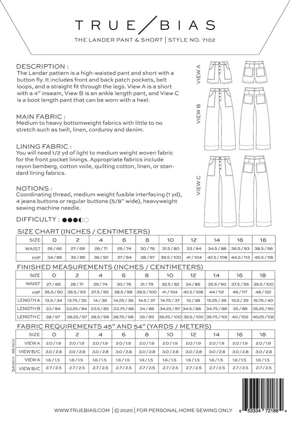 Lander Pant and Short Sewing Pattern, Make Sizes 0-18, From True Bias ...