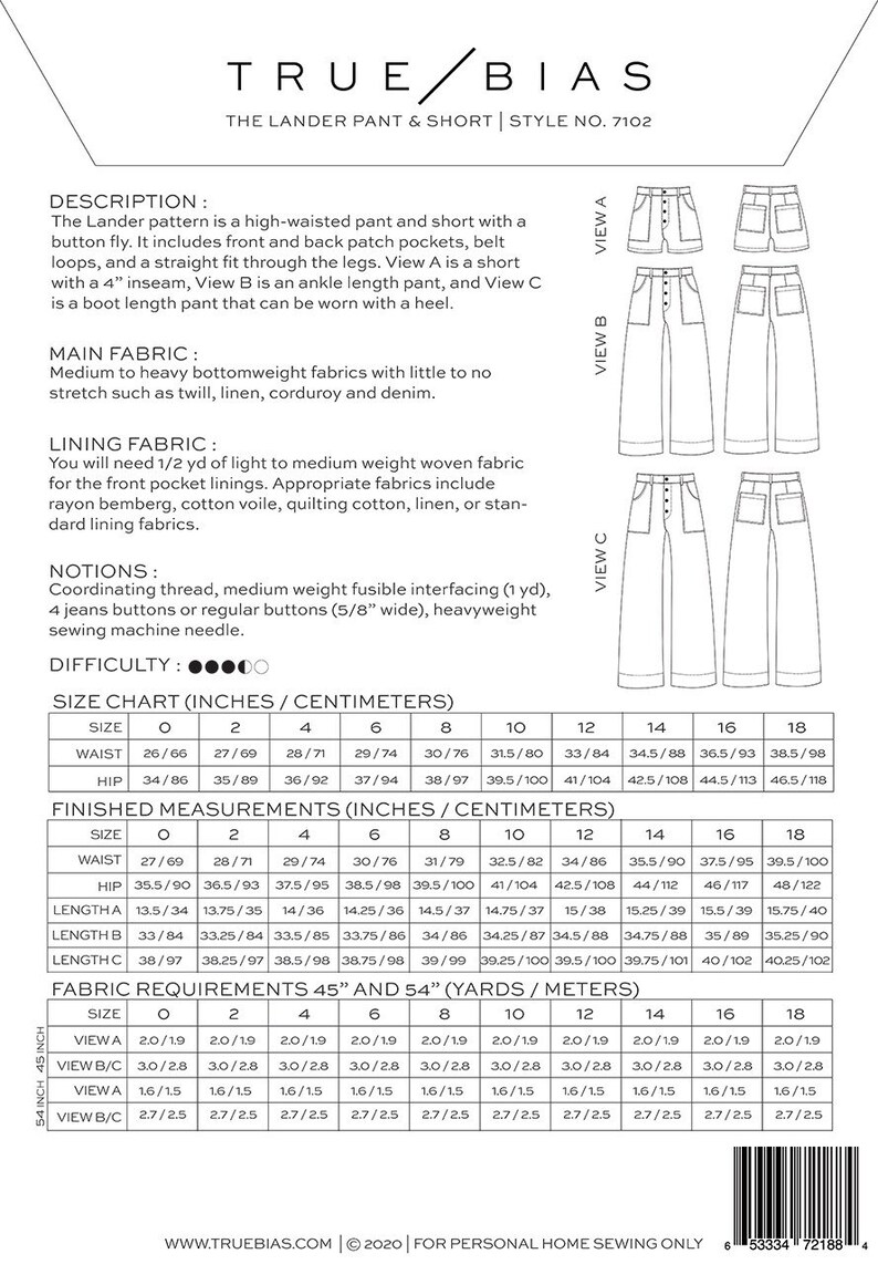 Lander Pant and Short Sewing Pattern, Make Sizes 0-18, From True Bias ...