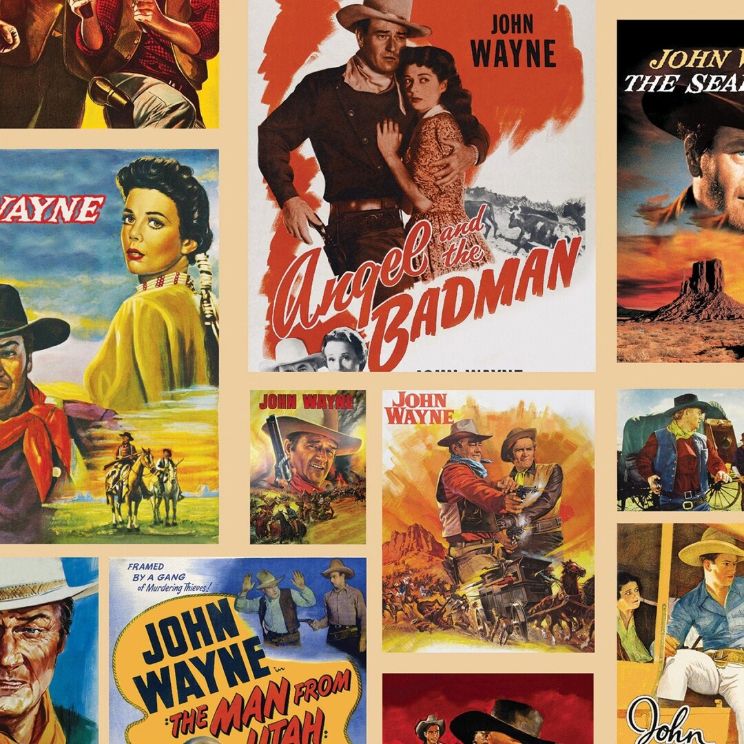 John Wayne Vintage Movie Posters All Over on Tan Cotton Fabric - Etsy