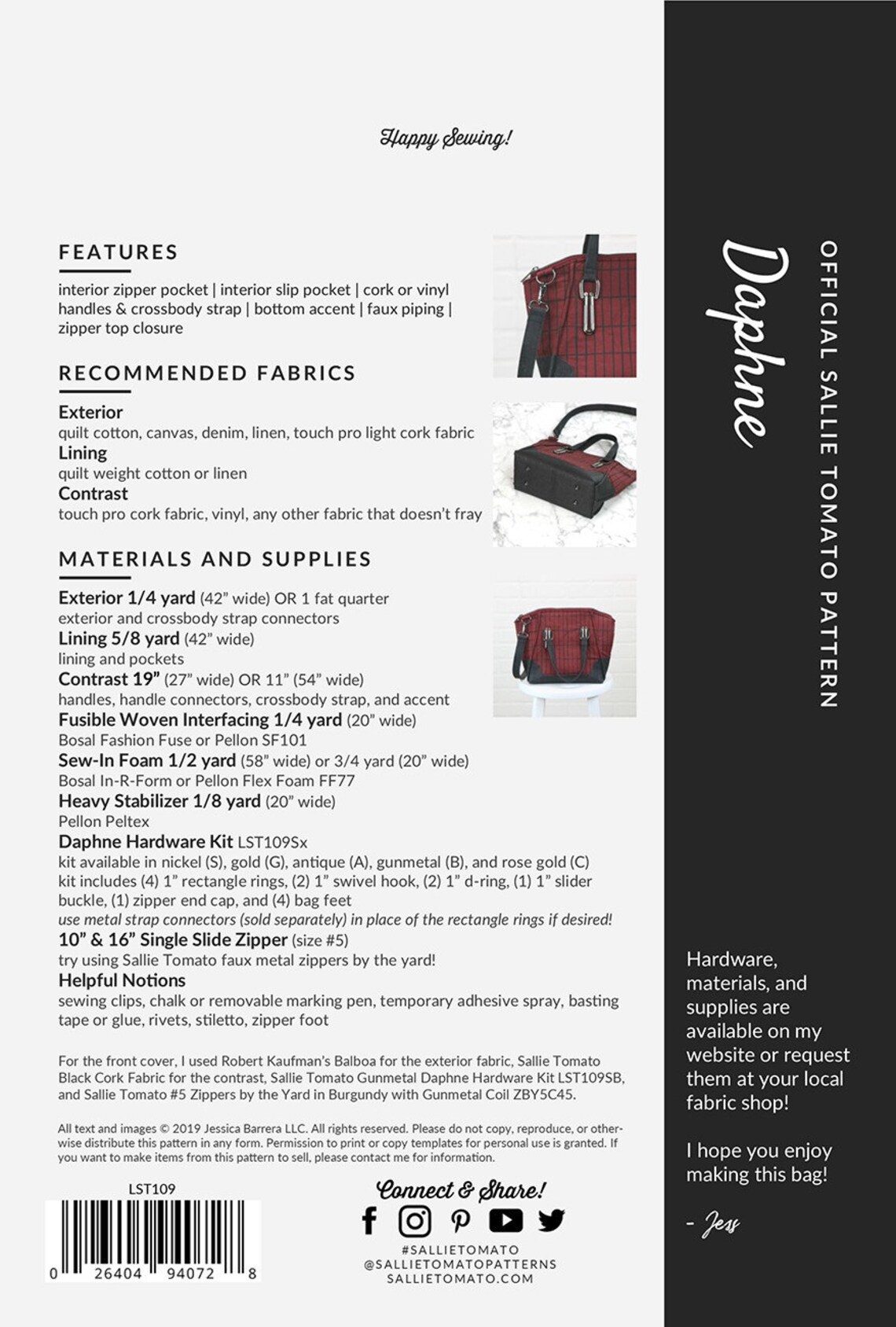 Daphne Bag Purse Tote Sewing Pattern From Sallie Tomato BRAND NEW ...