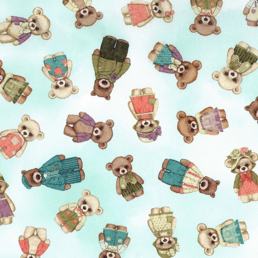 Teddy Bear Family Toss Mint on Woven Cotton Fabric, From Michael Miller ...