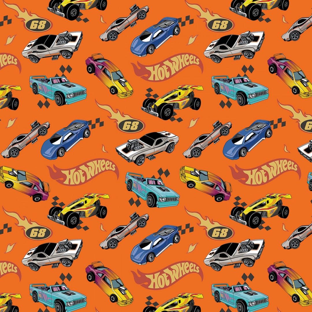 Hot Wheels Made to Race Cars on Orange Woven Cotton Fabric Priced by ...