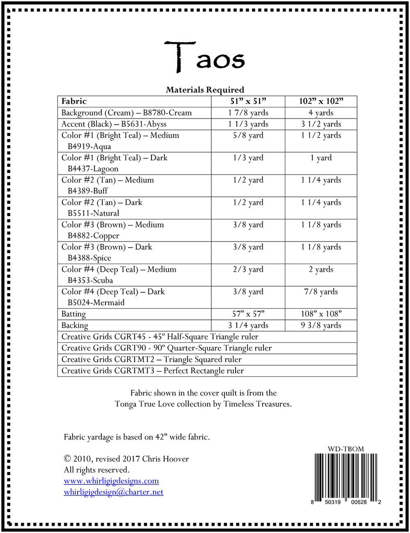 Taos BOM Quilt Quilting Pattern From Whirligig Designs BRAND NEW, Please See Item Description ...