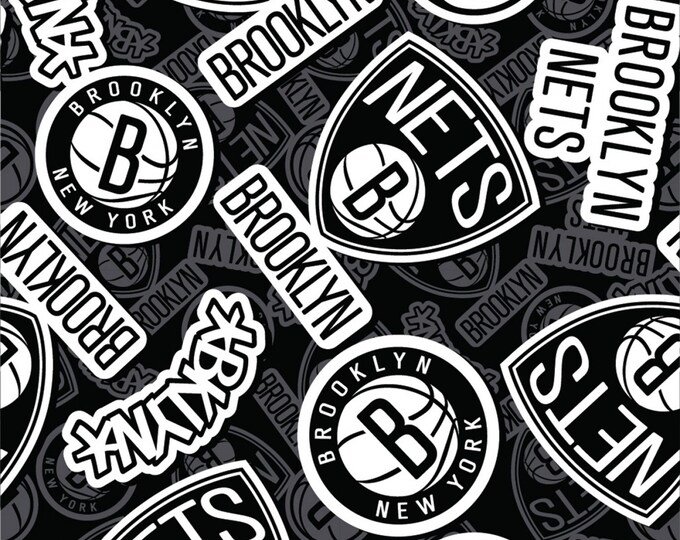 NBA Basketball Brooklyn Nets Sticker Toss Woven Cotton Fabric Priced by ...