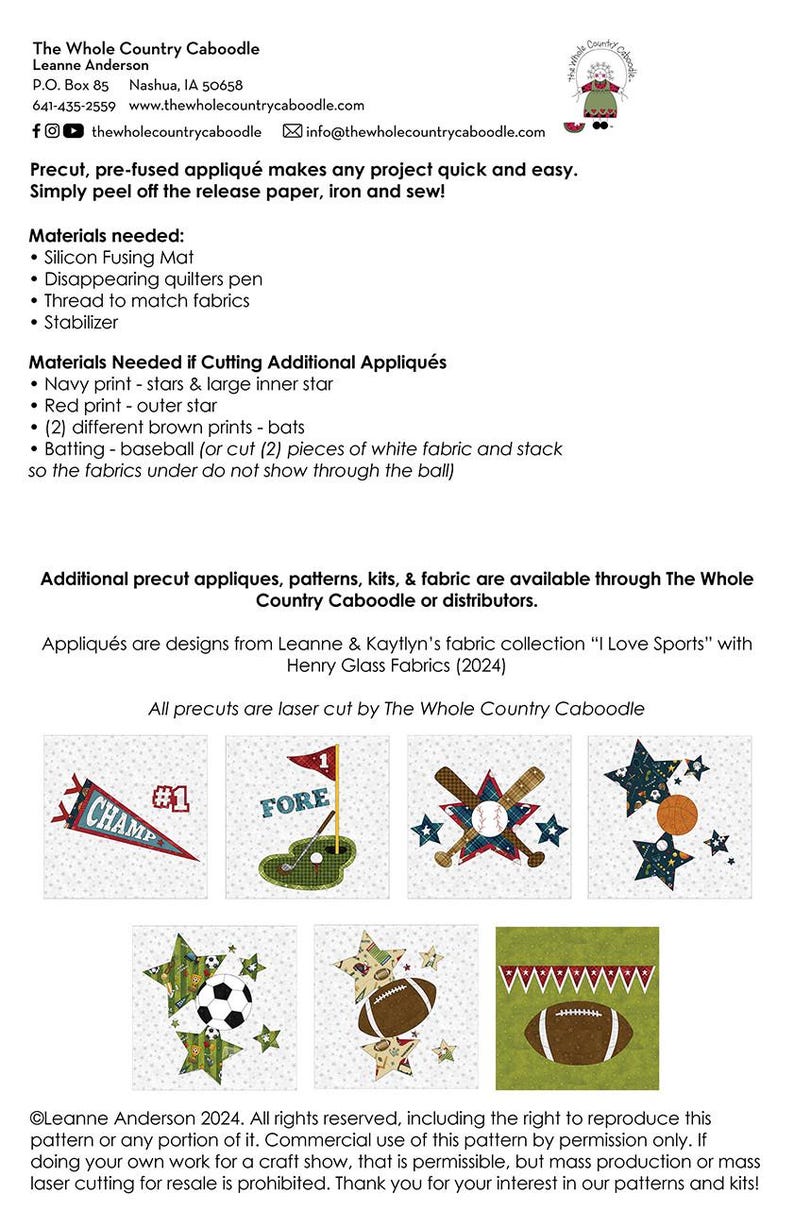 Baseball All Star Applique Kit From the Whole Country Caboodle BRAND ...