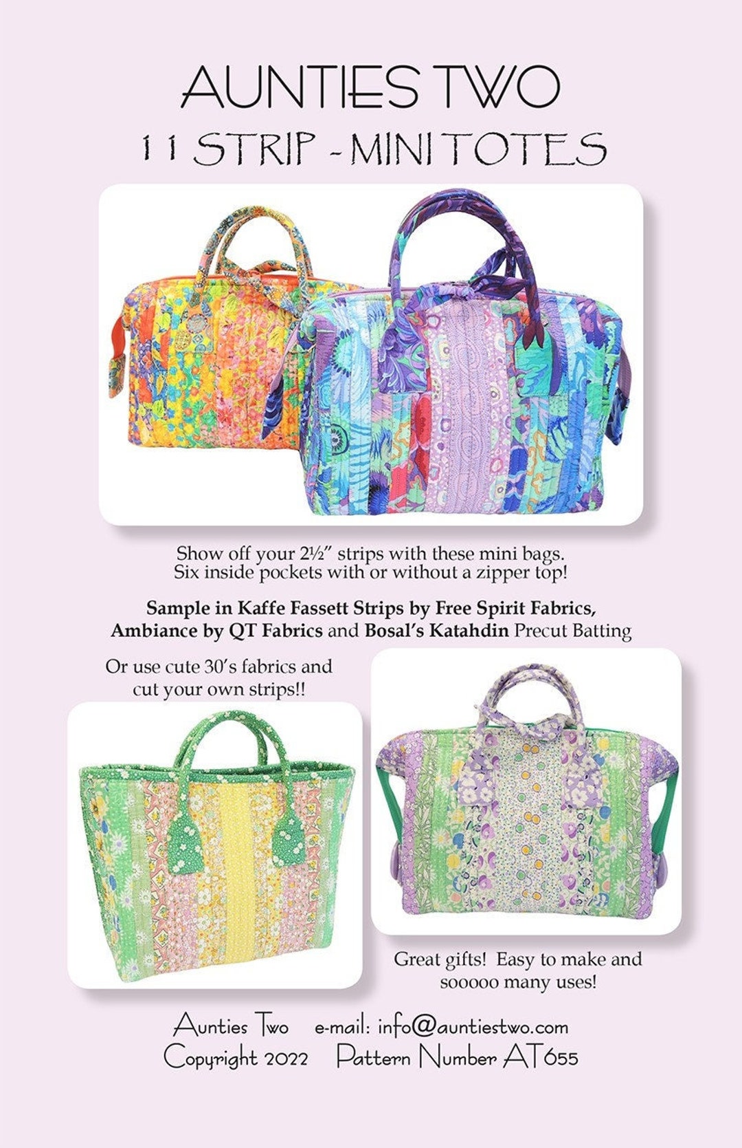 11 Strip Mini Tote Bag, Sewing and Quilting Pattern, From Aunties Two ...
