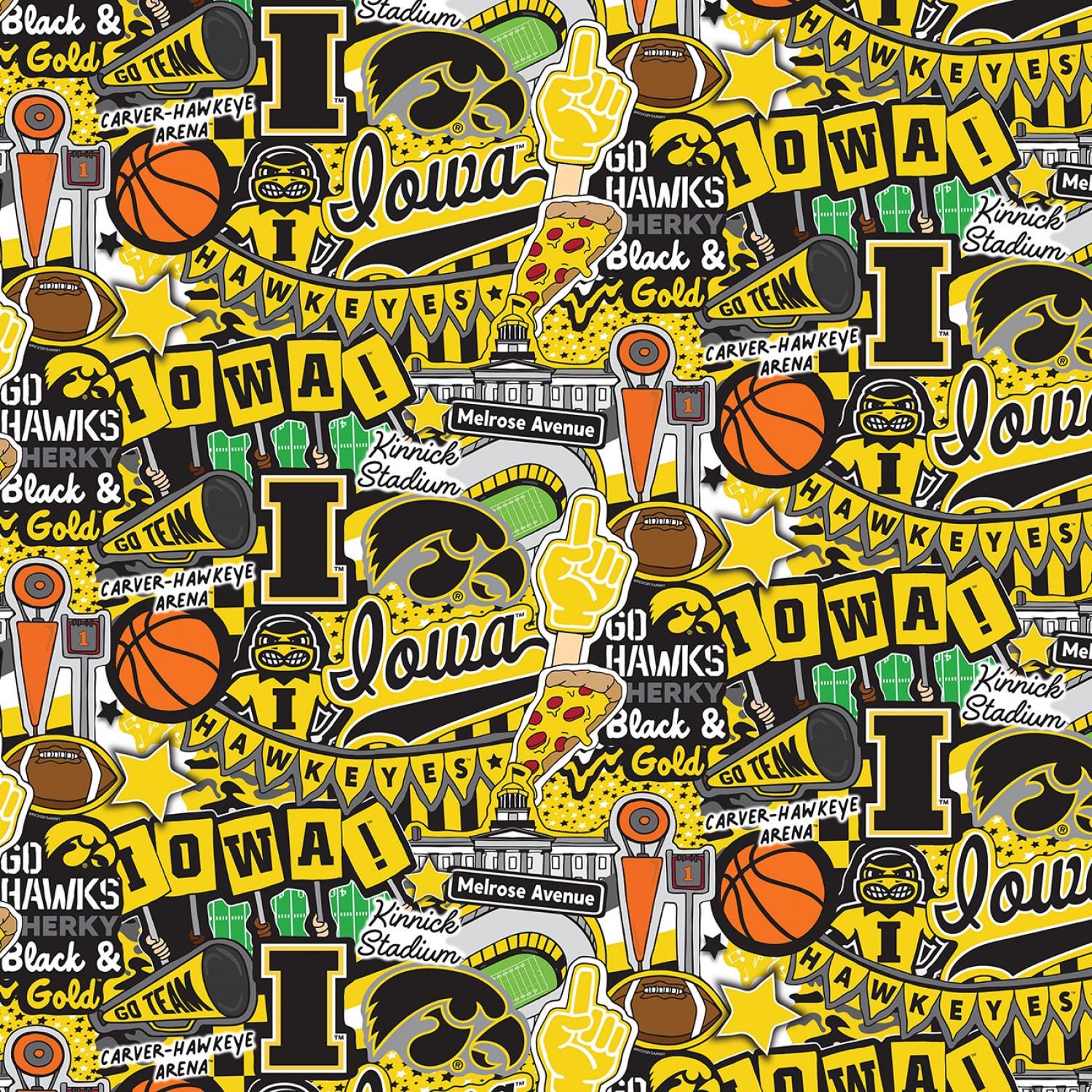 NCAA University of Iowa Hawkeyes Doodle Woven Cotton Fabric, Priced by ...