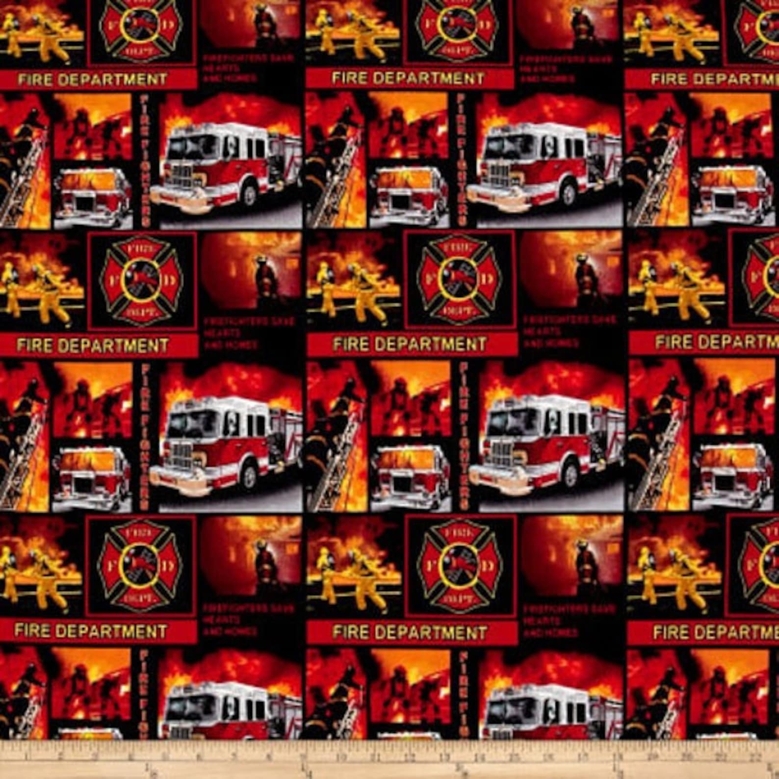 Firefighter Block Patchwork on Black Cotton Fabric From Sykel | Etsy