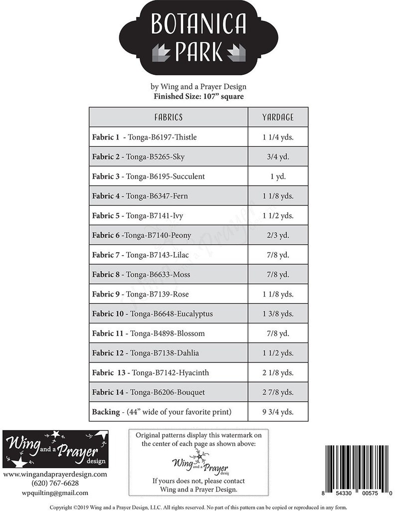 Botanica Park Quilt Quilting Pattern From Wing and A Prayer Design ...