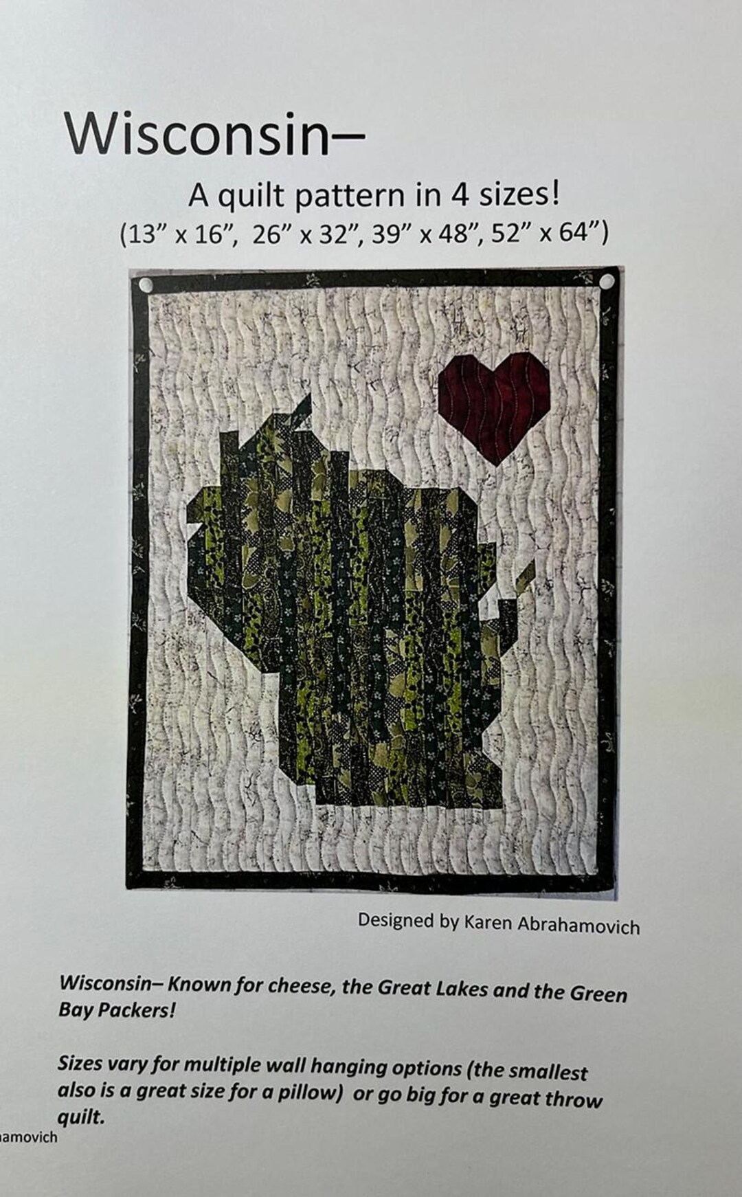 State of Wisconsin Quilt Quilting Pattern From Karen Abrahamovich BRAND ...